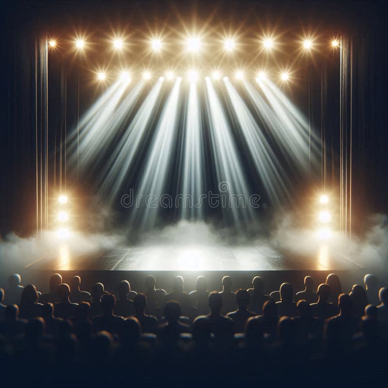 Illuminated Stage with Spotlight Beams and Audience Silhouette ...