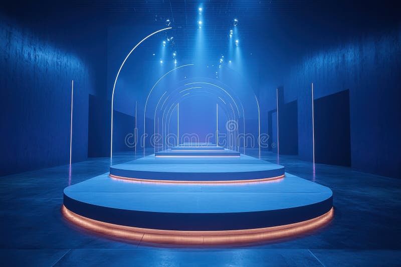 Illuminated Stage with Tiered Platforms and Blue Light Effects for ...