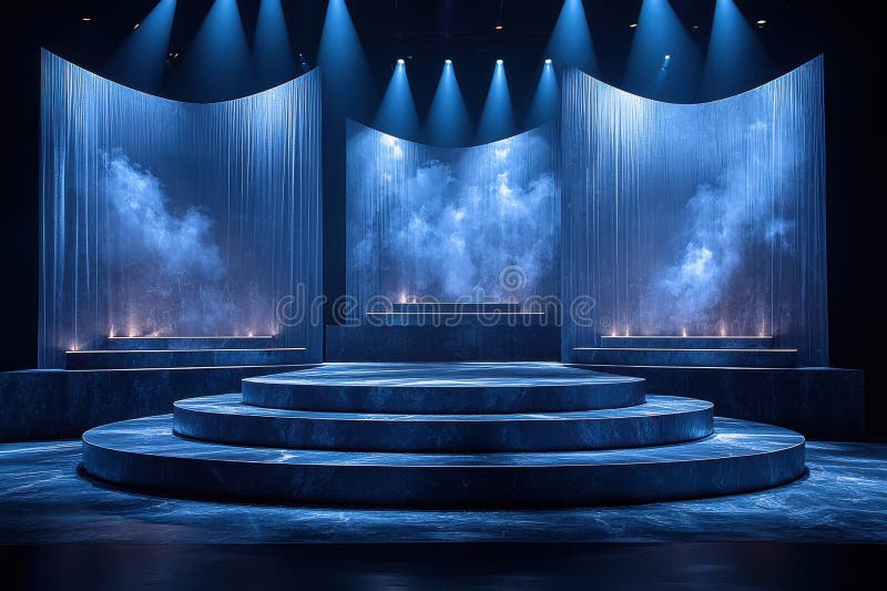 Illuminated Stage with Tiered Platforms and Blue Light Effects for ...