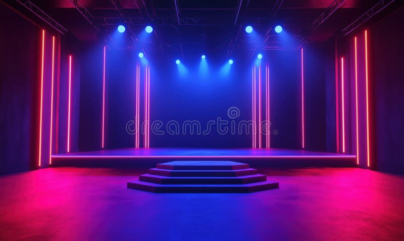 Illuminated Stage with Vibrant Neon Lights and Steps, Perfect for ...