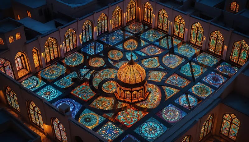 Illuminated Stained Glass Courtyard Dome Night Scene Building Stock ...