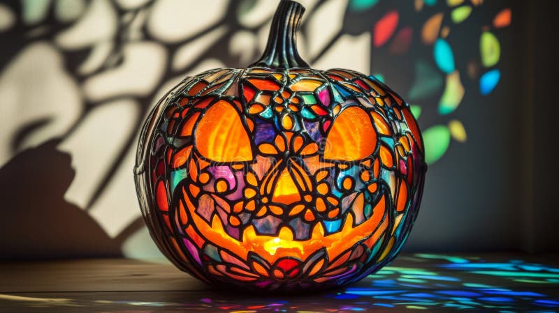 Illuminated Stained Glass Pumpkin with Shadow Patterns Stock ...