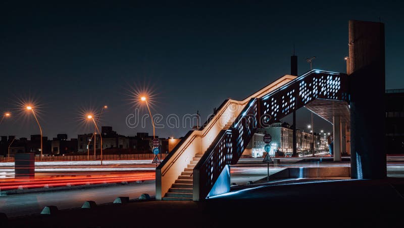 Illuminated Stair at Night Next To Traffic Lights in the City Editorial ...