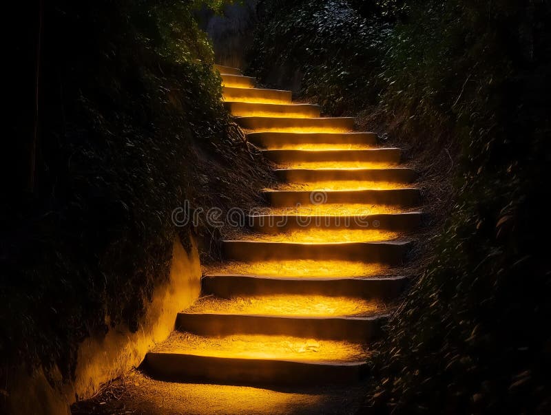 Illuminated Staircase: Outdoor Path, Warm Light, Night Scene Stock ...