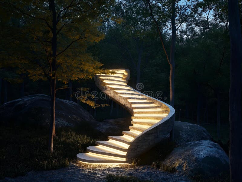 Illuminated Staircase: Outdoor Path, Warm Light, Night Scene Stock ...
