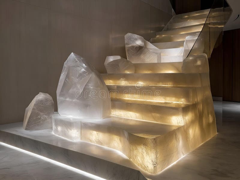 Illuminated Staircase, Translucent Blocks, Warm Light, Modern Design ...