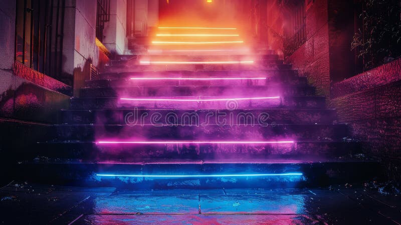 Illuminated Stairs with Neon Lights Stock Image - Image of edgy ...