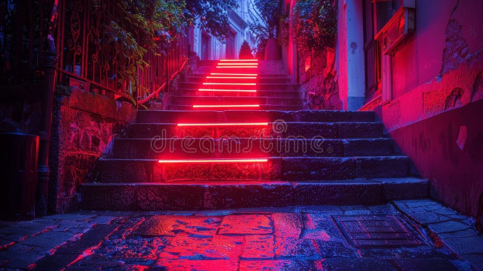 Illuminated Stairs with Neon Lights Stock Image - Image of illuminated ...