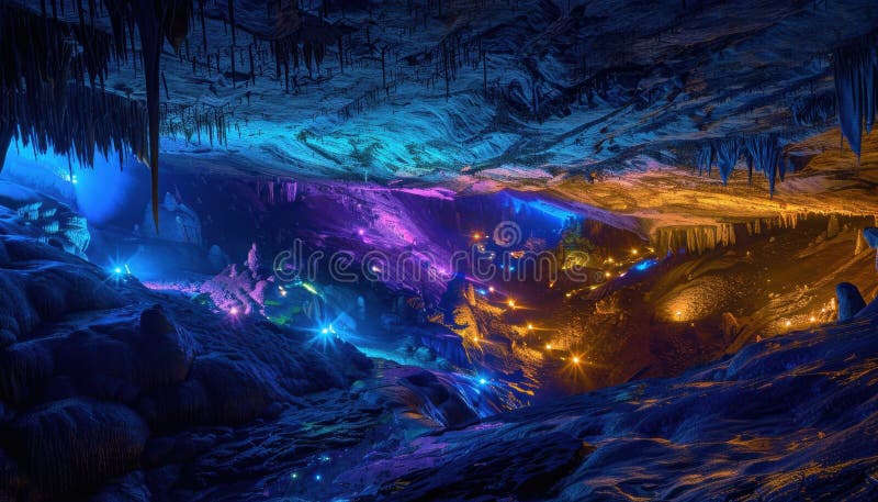 Illuminated Stalactites in a Large Cave at Night Stock Image - Image of ...