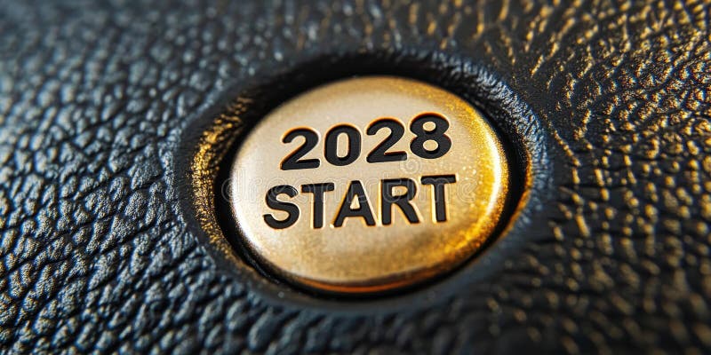 Illuminated Start Engine Button with Year 2028 Countdown Celebration on ...