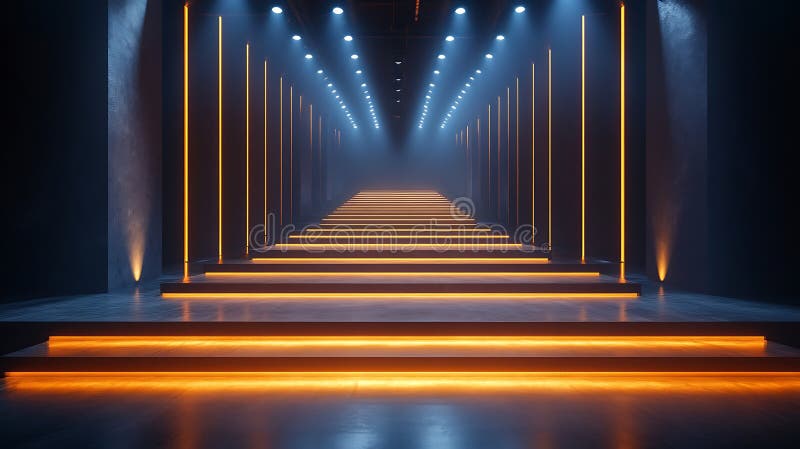 Futuristic Stairway Illuminated by Neon Lights Ascending into a Foggy ...