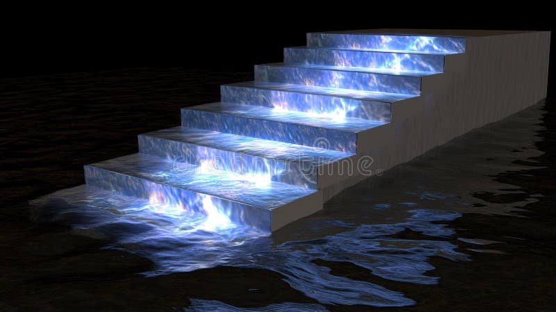 Illuminated Steps Rising from Water, Dark Background, Abstract Design ...