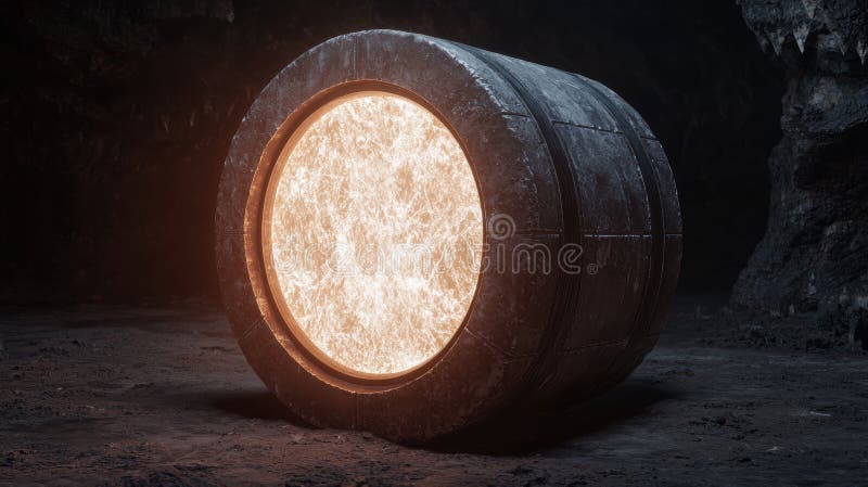 Illuminated Stone Barrel in Dark Cave Stock Illustration - Illustration ...