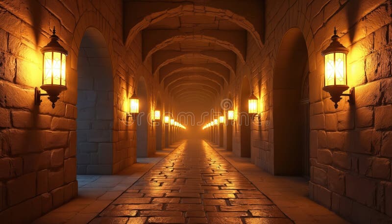 Illuminated Stone Corridor with Arched Ceilings, Repeating Brick ...