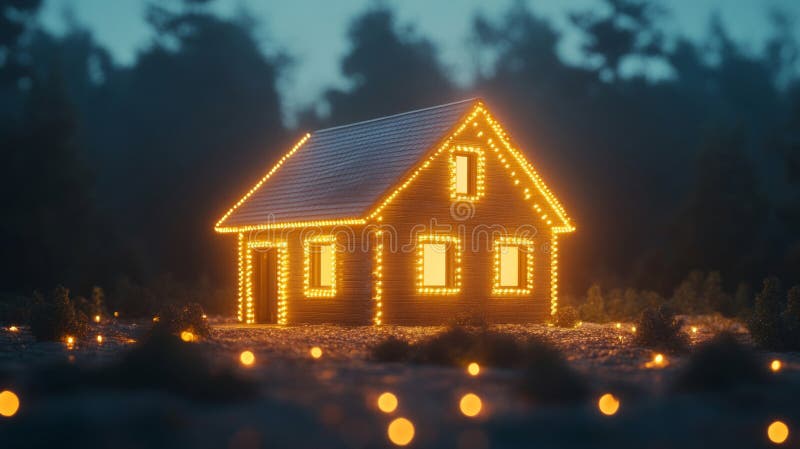 Illuminated Stone Cottage in Dark Forest at Night Stock Illustration ...