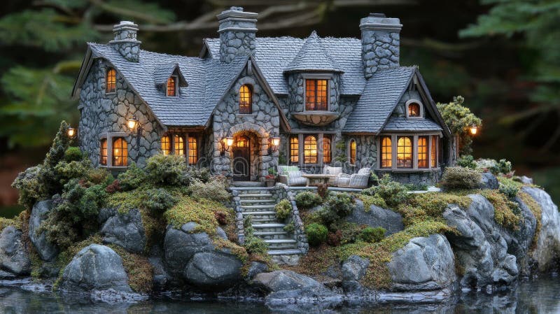 Illuminated Stone Miniature House Model at Night Stock Illustration ...