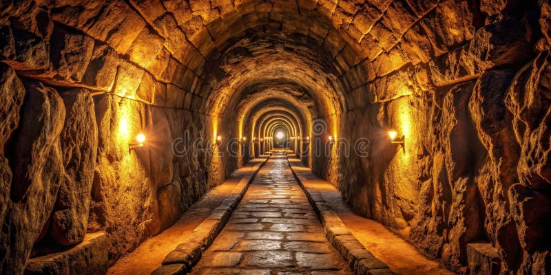 Illuminated Stone Passageway an Ancient Tunnel with a Cobblestone Path ...