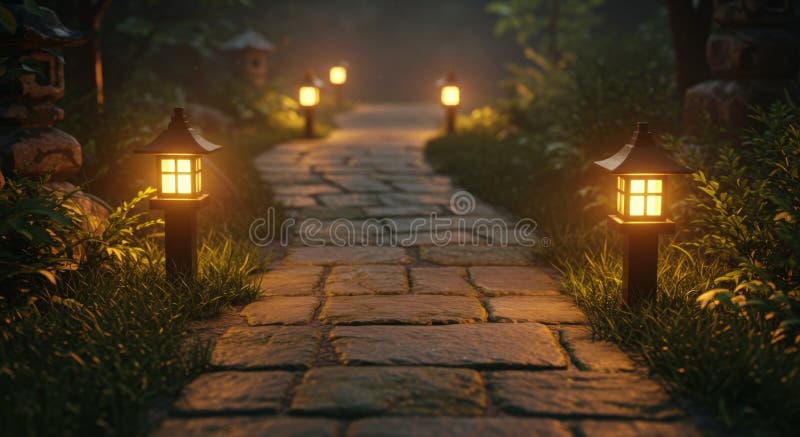 Illuminated Stone Path in a Japanese Garden at Night Stock Illustration ...