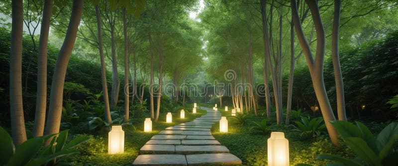 Illuminated Stone Pathway in a Serene Garden Setting Stock Illustration ...
