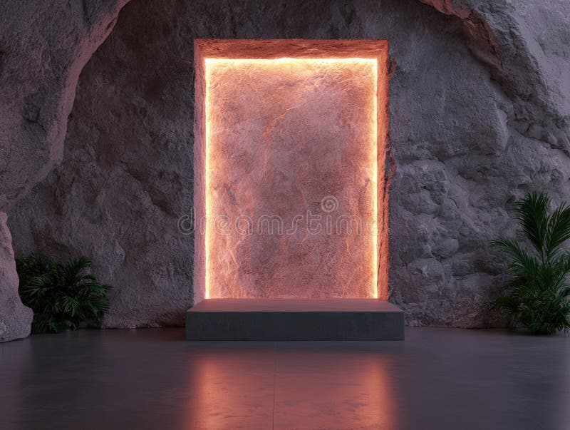 Illuminated Stone Portal in a Cavern with Plants. Stock Illustration ...