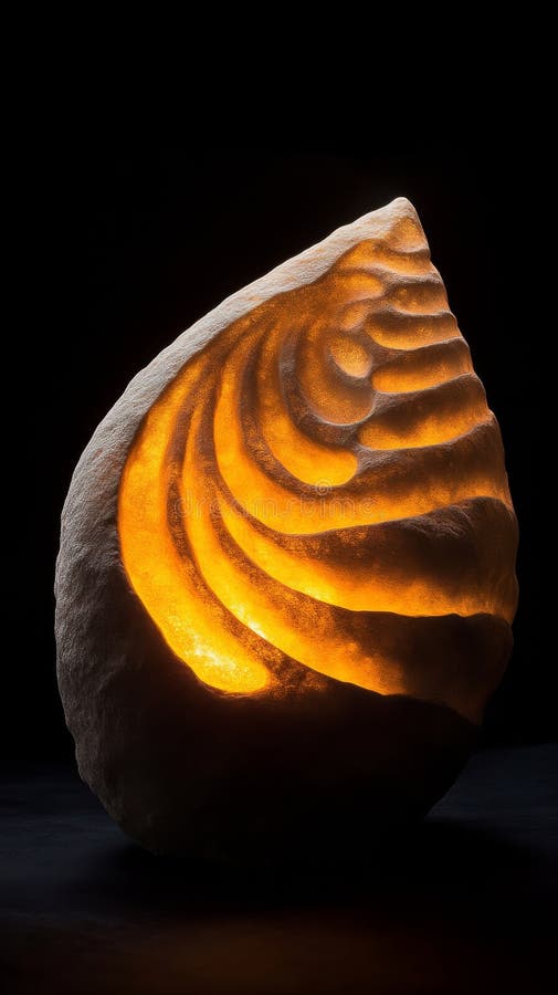 Illuminated Stone Sculpture with Intricate Wave Pattern, Abstract Art ...