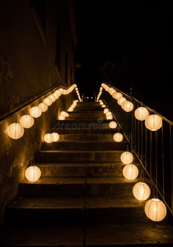 Illuminated Stone Staircase at Night with Hanging Lanterns Stock ...