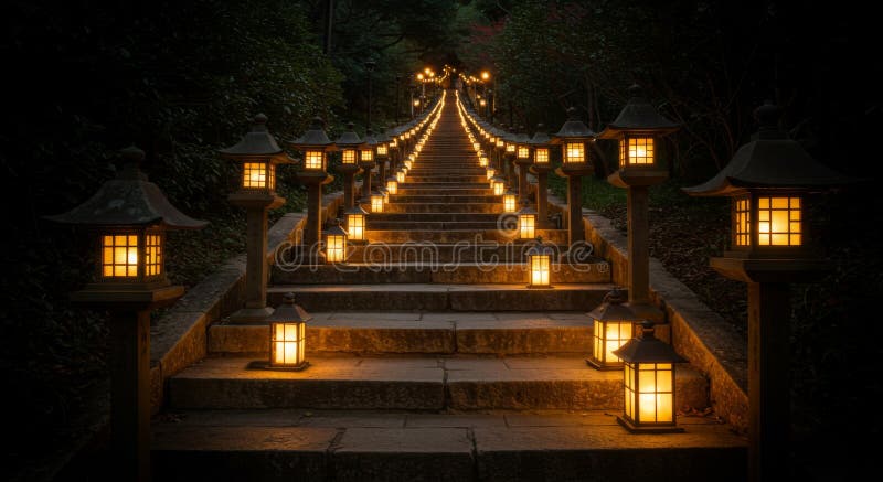 Illuminated Stone Steps with Lanterns at Night Stock Illustration ...