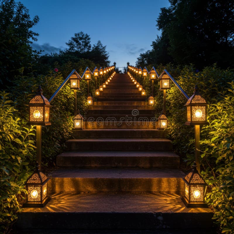 Illuminated Stone Steps with Lanterns at Night Stock Illustration ...