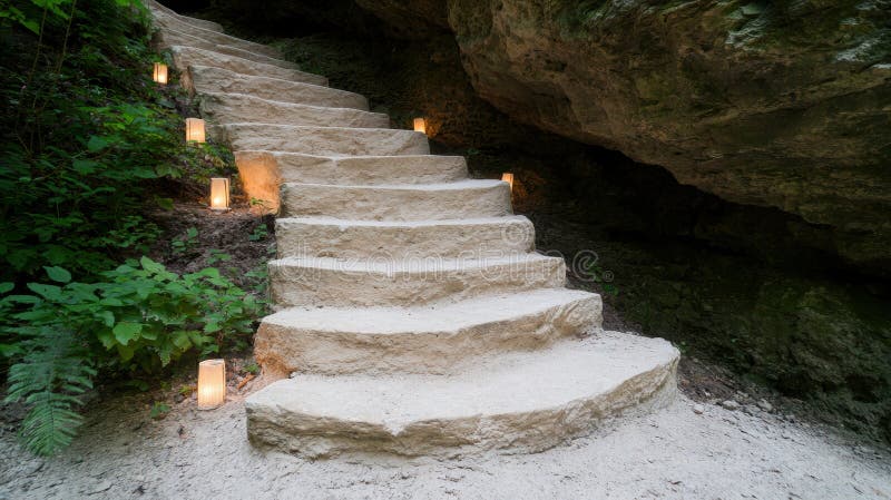 Illuminated Stone Steps Leading into a Cave Stock Illustration ...