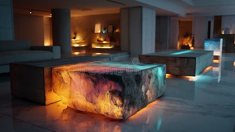 Illuminated Stone Tables in Modern Interior Design Stock Illustration ...