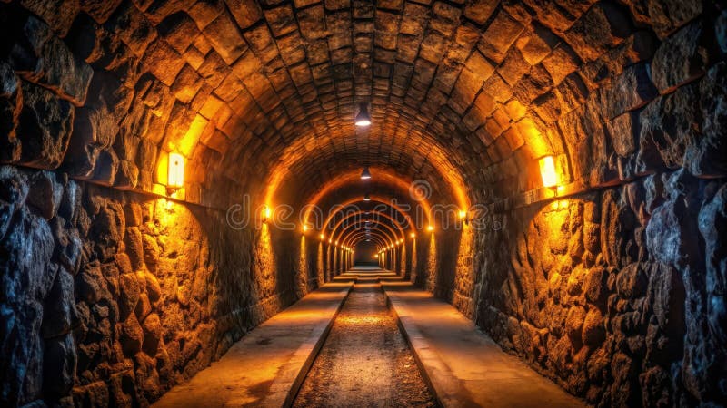 Illuminated Stone Tunnel Pathway Leading To Distant Light. Generative ...
