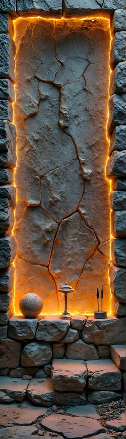 Illuminated Stone Wall with Cracked Section and Decorative Objects ...