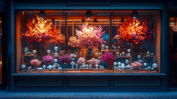 Illuminated Storefront with Floral Display and Glassware - Realistic ...