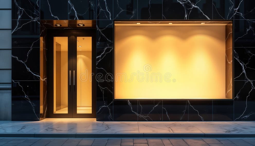 Illuminated Storefront at Night Features Blank Display Window. Modern ...