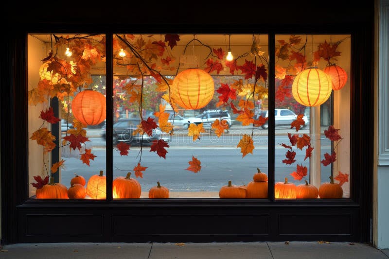 Illuminated Storefront Window Display with Fall Leaves, Lanterns, and ...