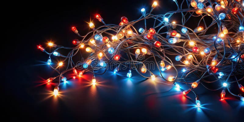 Illuminated String Lights with Multicolored Bulbs Scattered on Dark ...