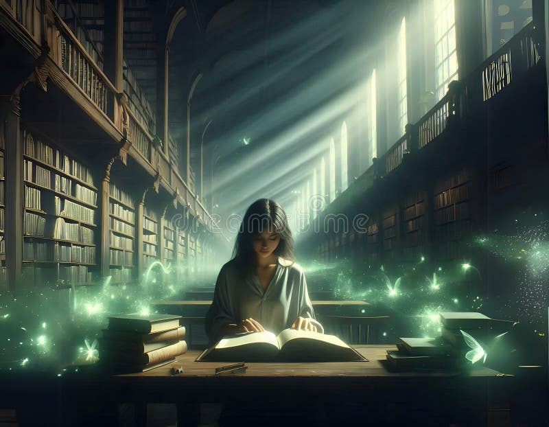 Illuminated Study: Surrounded by Magical Light in Library Stock ...