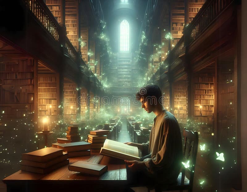 Illuminated Study: Surrounded by Magical Light in Library Stock ...