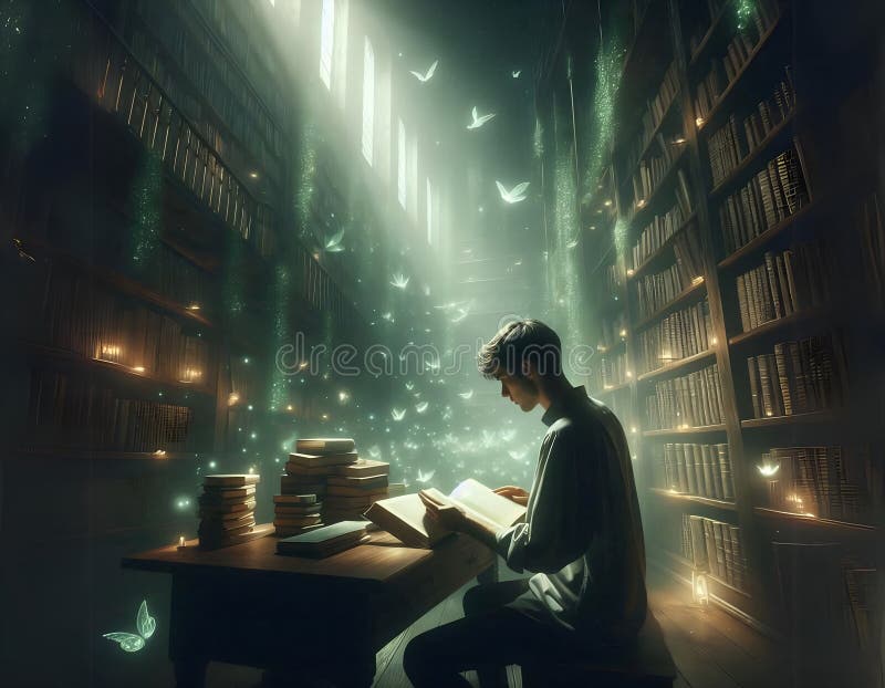 Illuminated Study: Surrounded by Magical Light in Library Stock ...