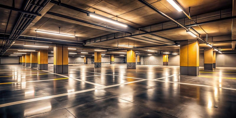 Illuminated Subterranean Parking Structure with Vibrant Yellow and Gray ...