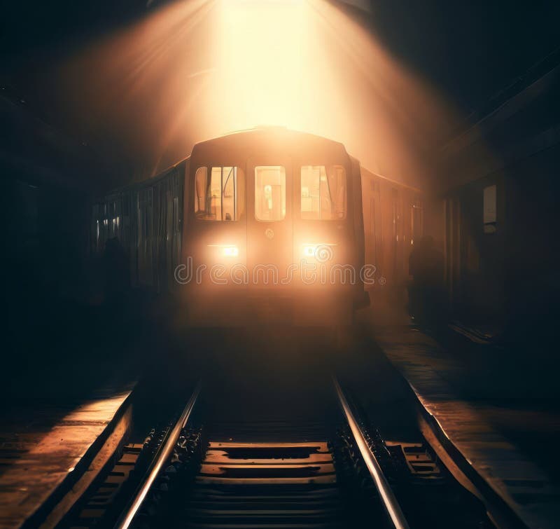Illuminated Subway Train Emerging from Darkness Stock Illustration ...