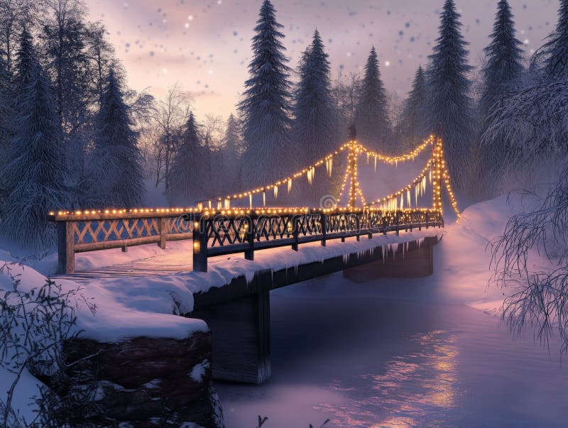 Illuminated Suspension Bridge in a Snowy Winter Forest Stock ...