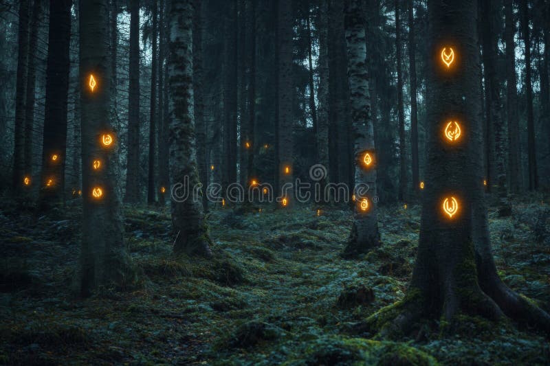 Illuminated Symbols Carved into Trees in a Dark Forest Stock ...