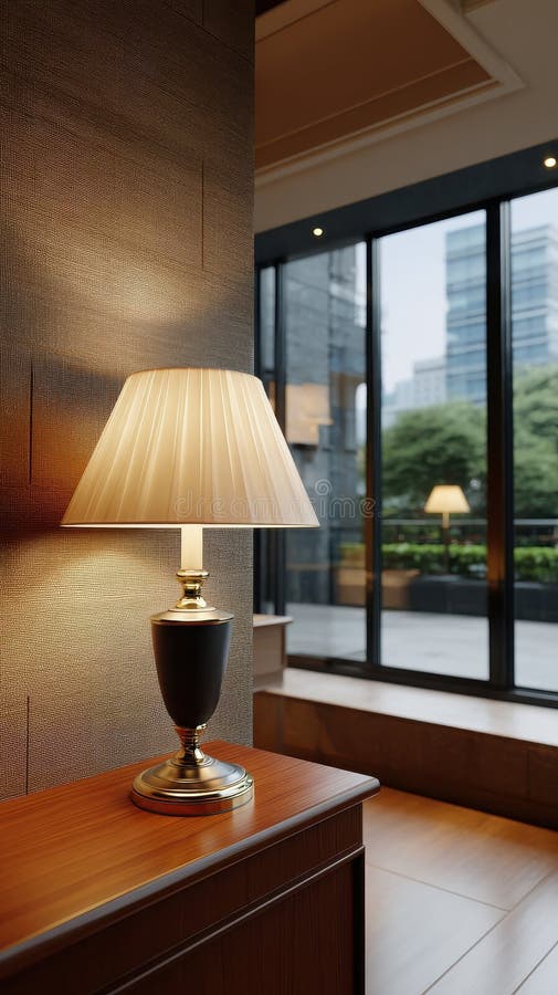 Illuminated Table Lamp Casting Soft Light on a Wooden Surface with ...