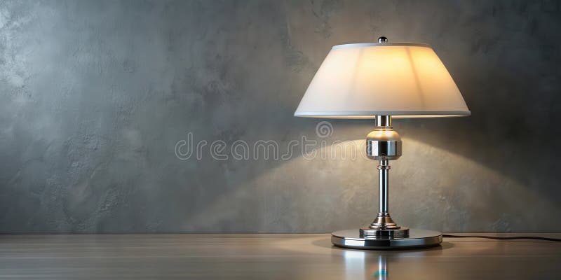 Illuminated Table Lamp on Wood Surface Against Textured Wall ...