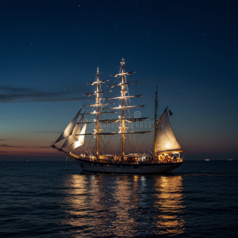 Illuminated Tall Ship Sailing at Night on Calm Sea Stock Illustration ...