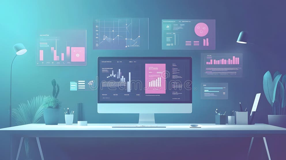 Illuminated Teal and Pink Workspace with Data Charts and Graphs on ...