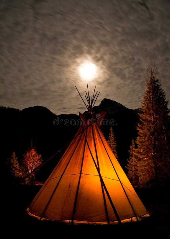 Illuminated Teepee Under the Full Moon. Stock Photo - Image of ...
