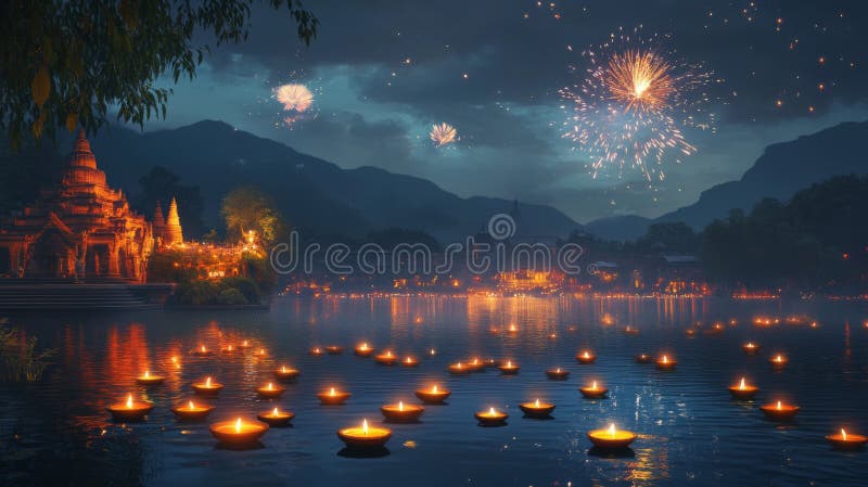 Illuminated Temple Lake Festive Night Scene Stock Illustration ...