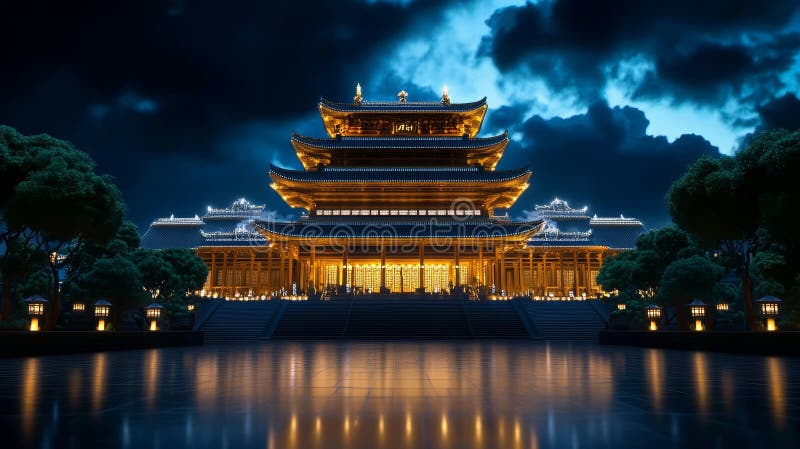 Illuminated Temple at Night Serene Temple Nighttime Scene Golden Lights ...